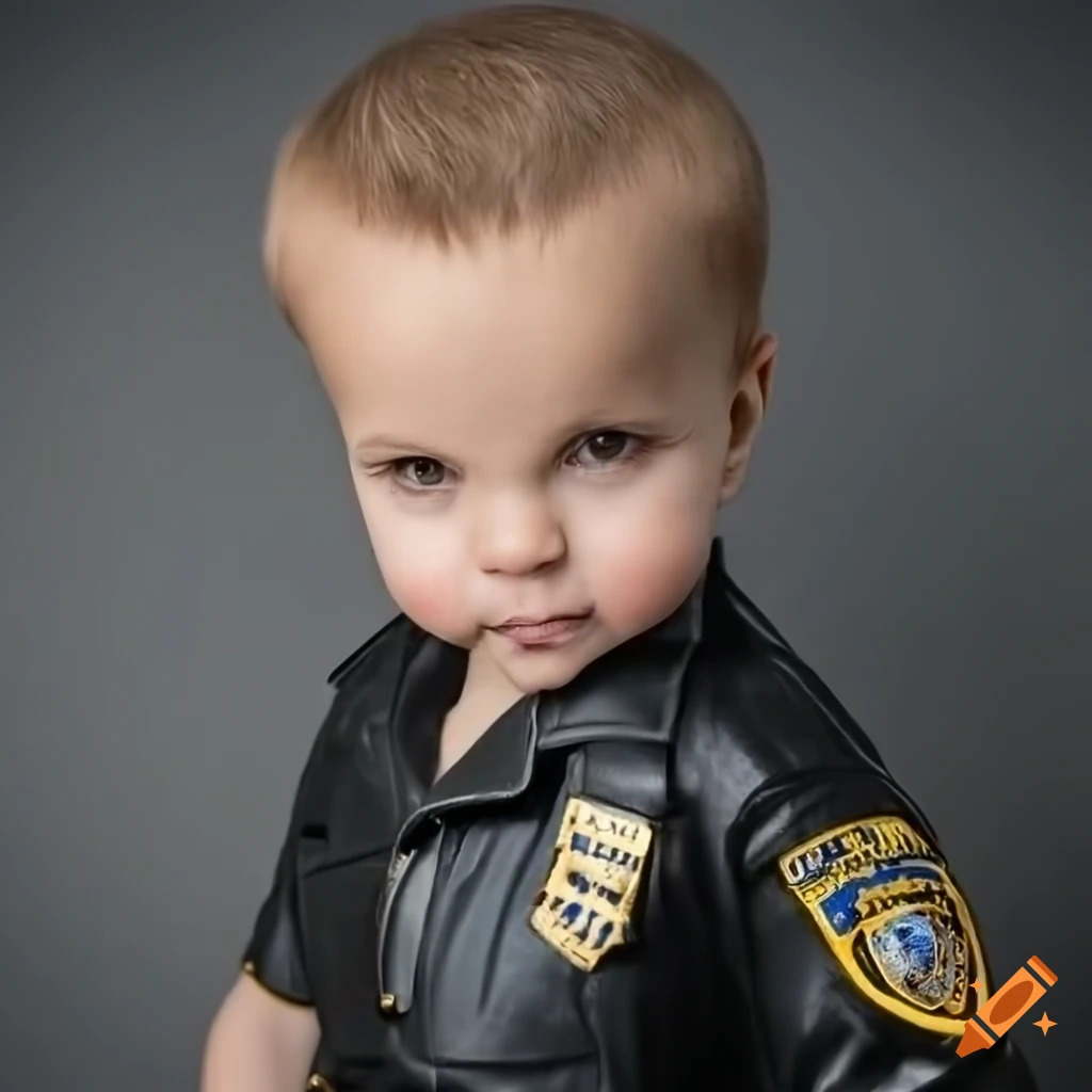 Close-up portrait of a toddler boy in NYPD uniform on Craiyon