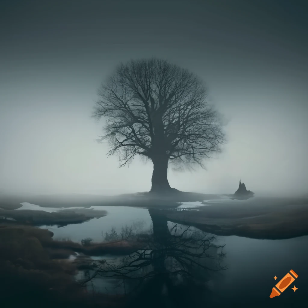 Dark dystopian landscape with mountains and a dead tree on Craiyon