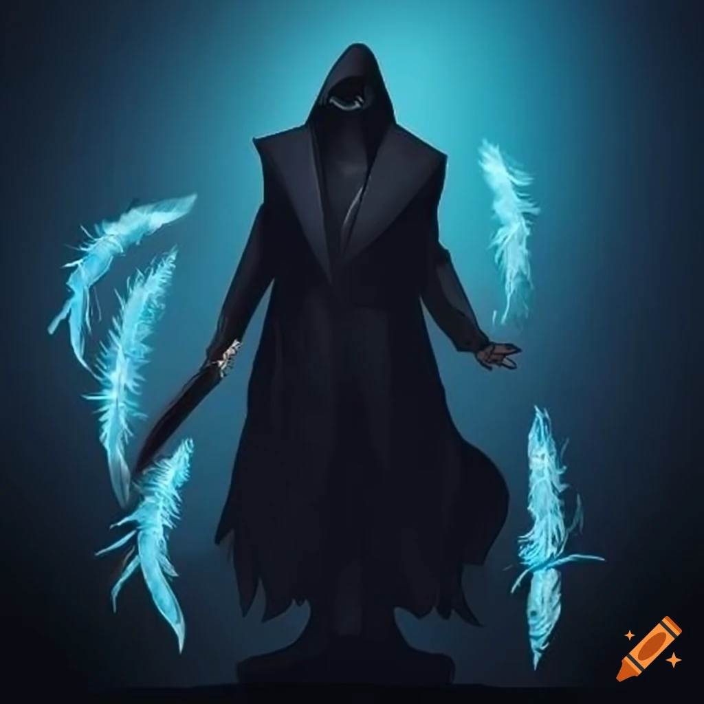 Digital artwork of a humanoid with raven head holding glowing blue ...