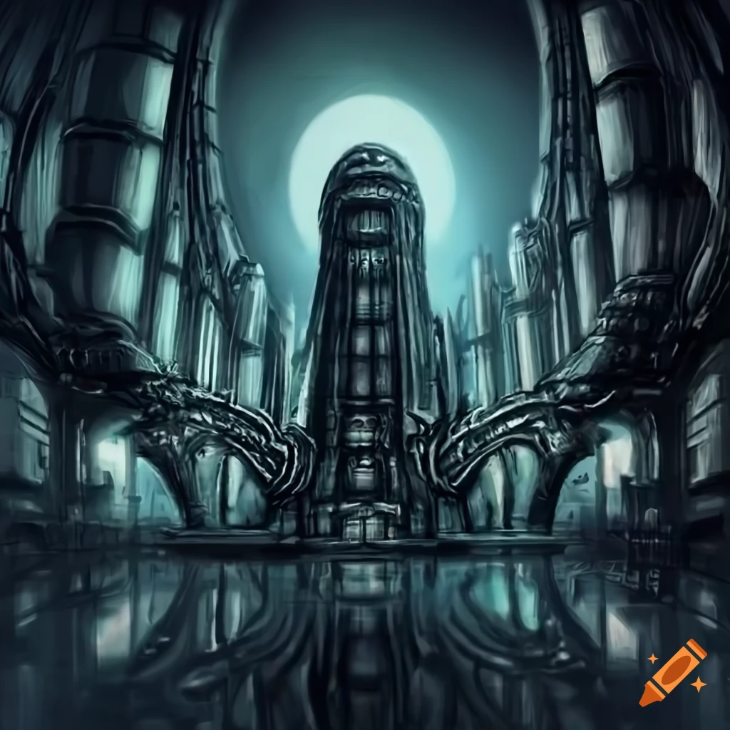 Dark futuristic cityscape inspired by giger