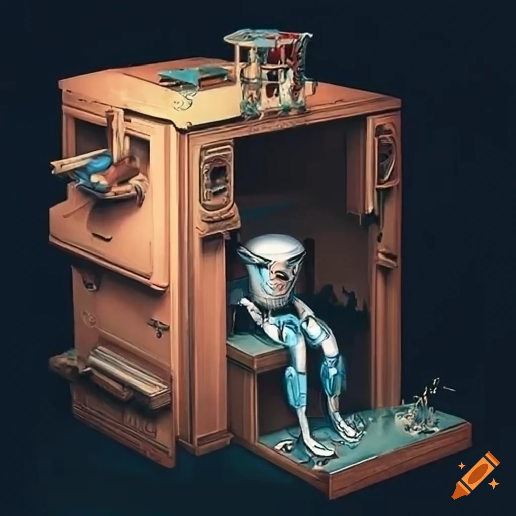 Pop art of a robot fixing a car and drinking beer