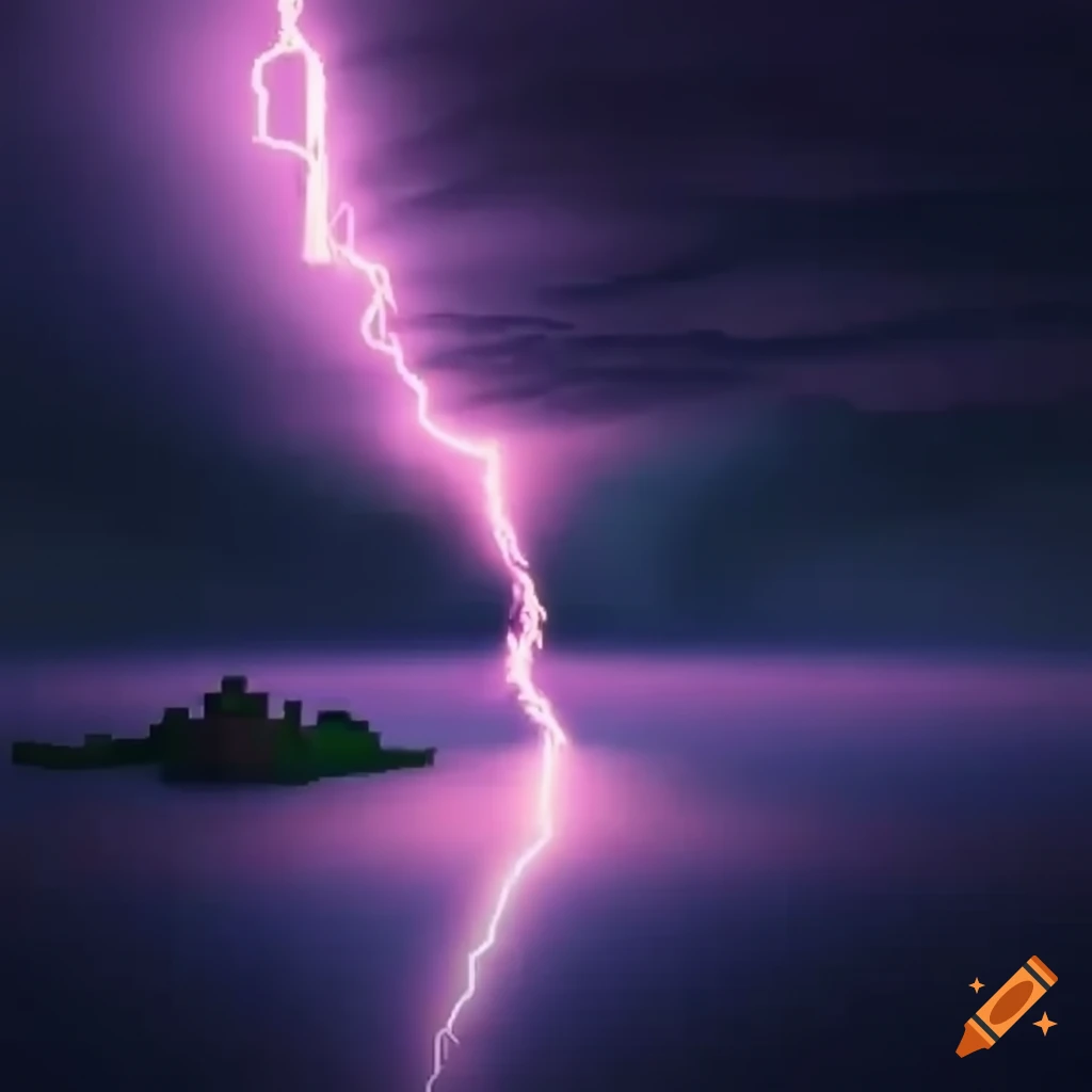 Minecraft screenshot of a dramatic lightning strike on Craiyon