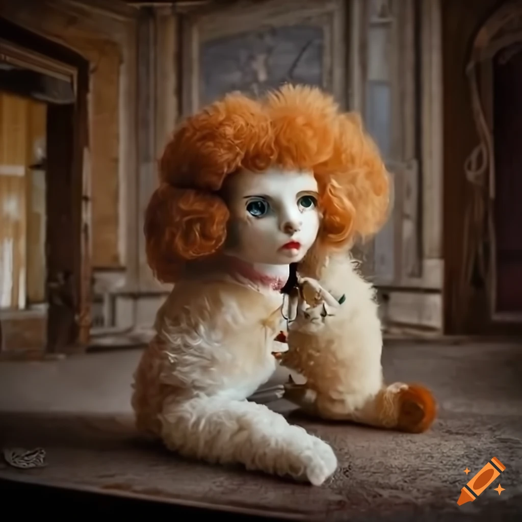 Playful Poodle Doll And Orange Cat In An Abandoned Palace On Craiyon