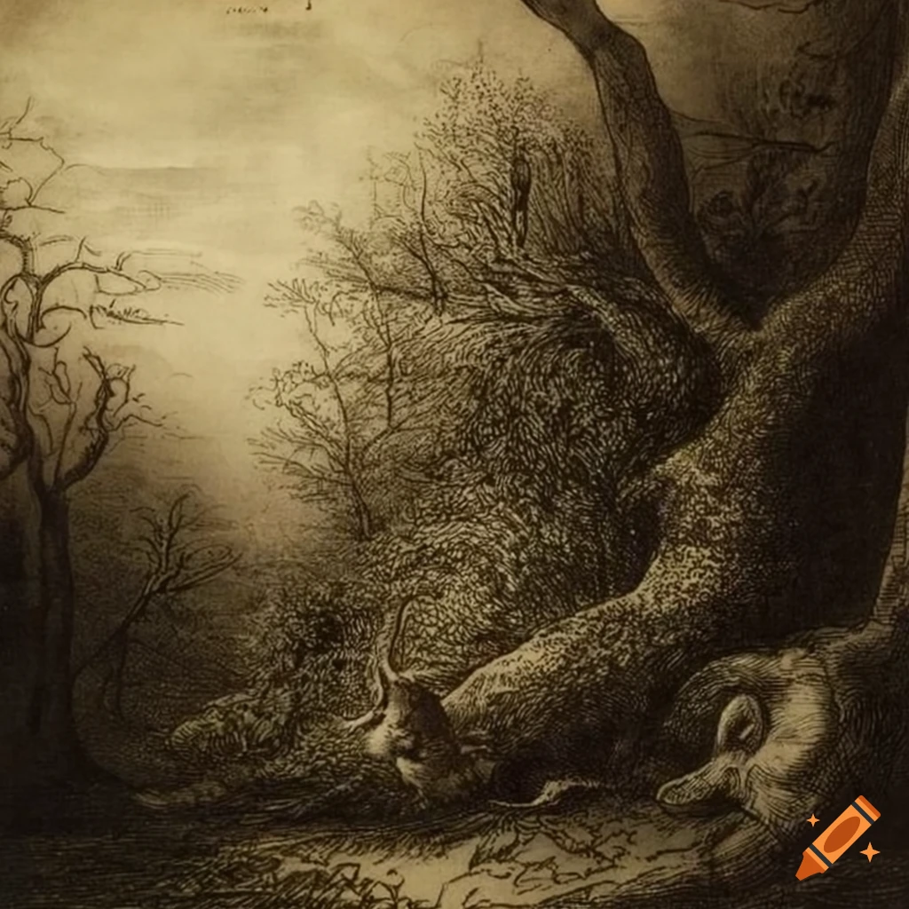 Etching of a forest with a small rabbit on Craiyon