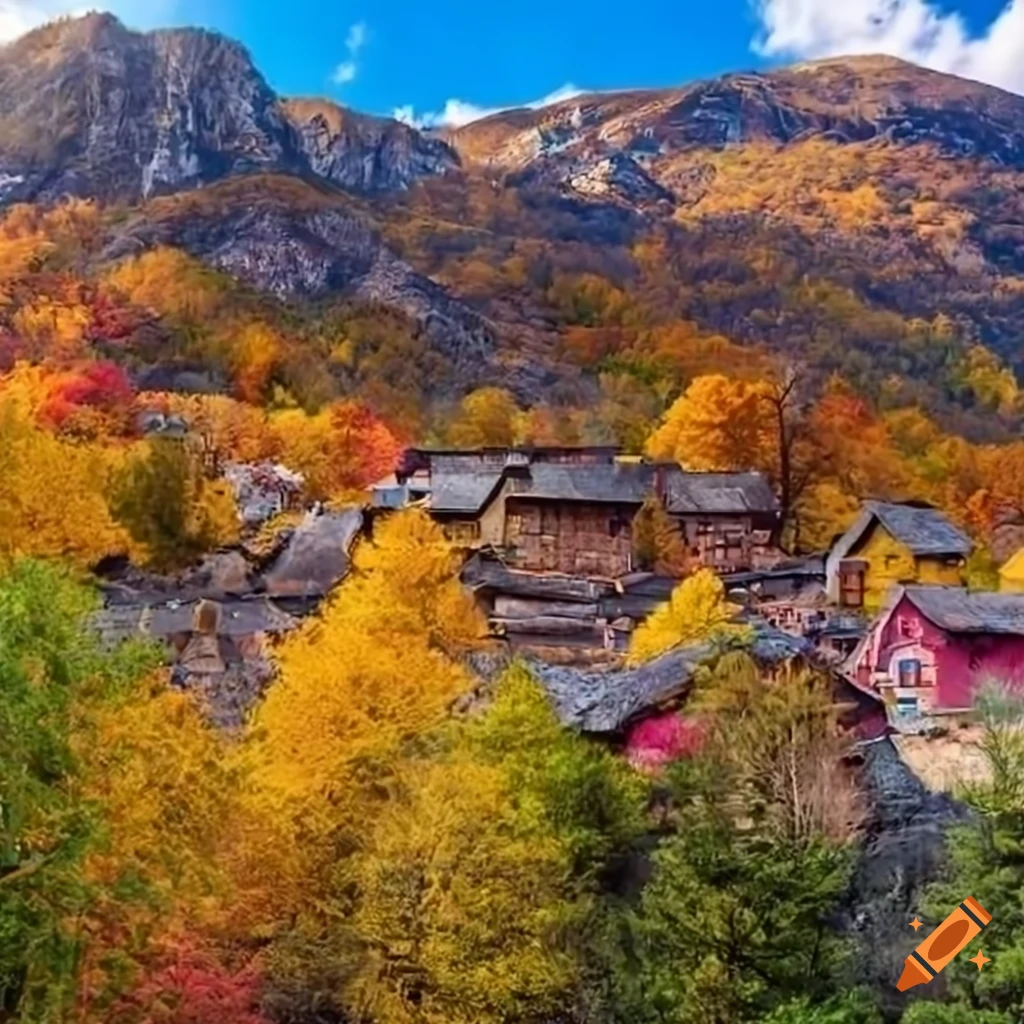 Vibrant autumn foliage in a scenic village on Craiyon