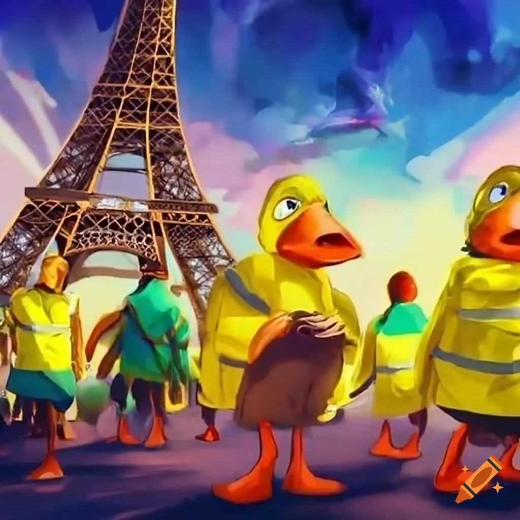 Ducks protesting in front of the eiffel tower on Craiyon