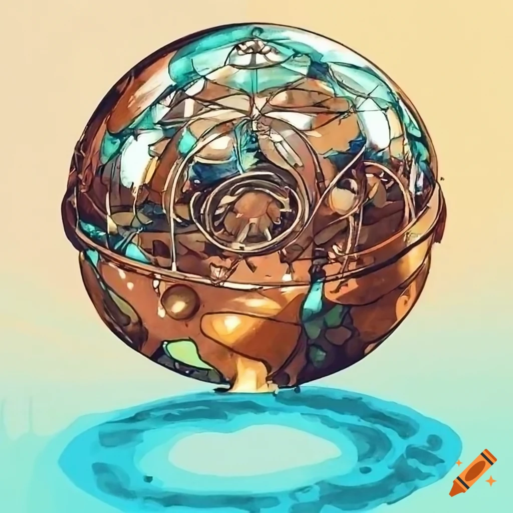 Watercolor of a tarnished mechanical sphere with a gem at its center on ...