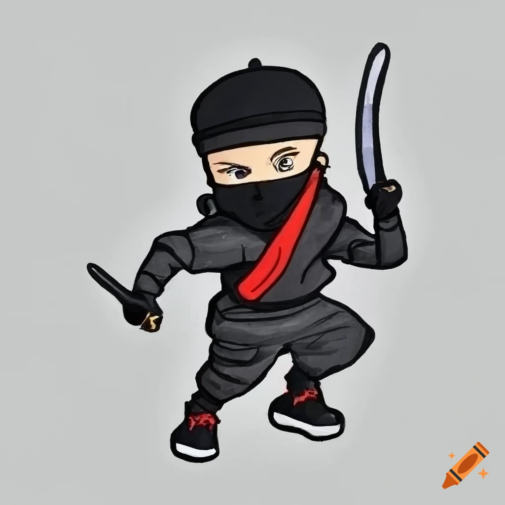 Red ninja with a katana on white background in drawing style on Craiyon