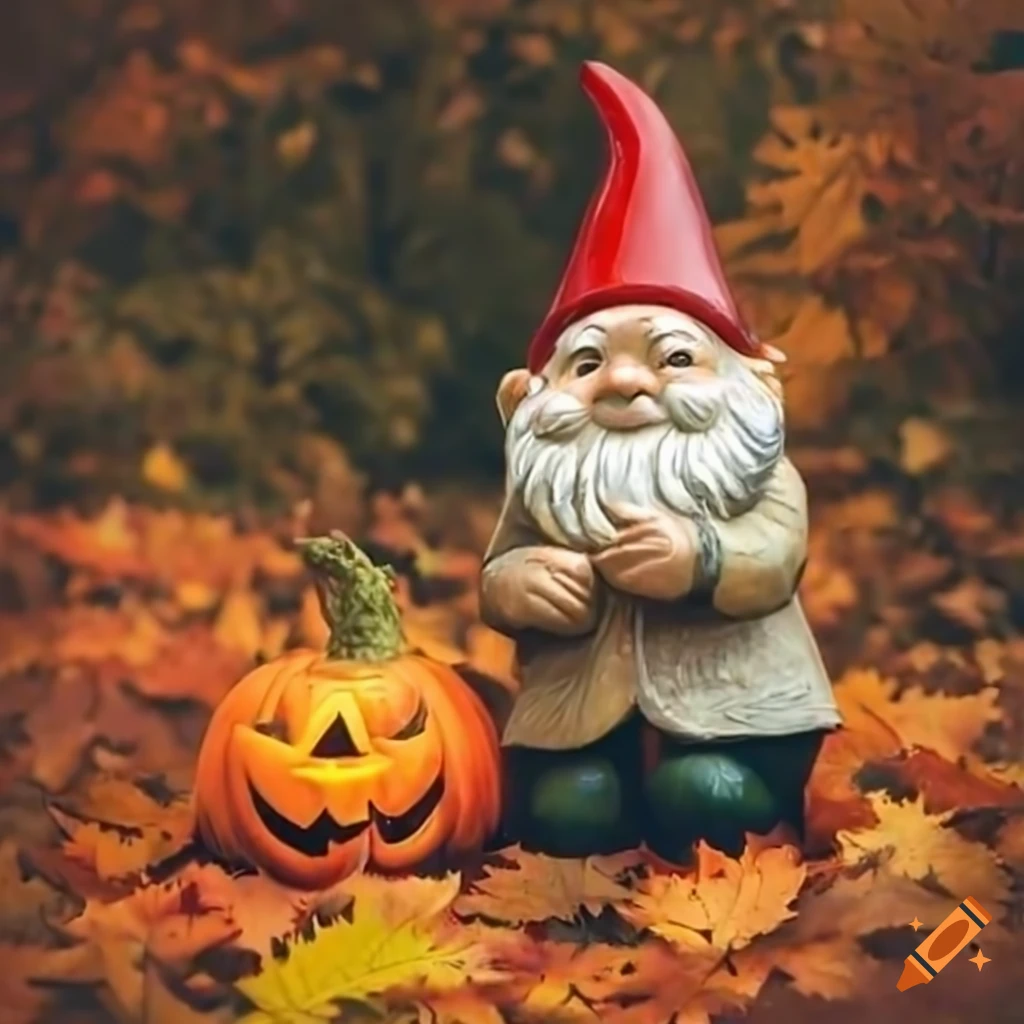 Garden gnome surrounded by fall foliage on halloween