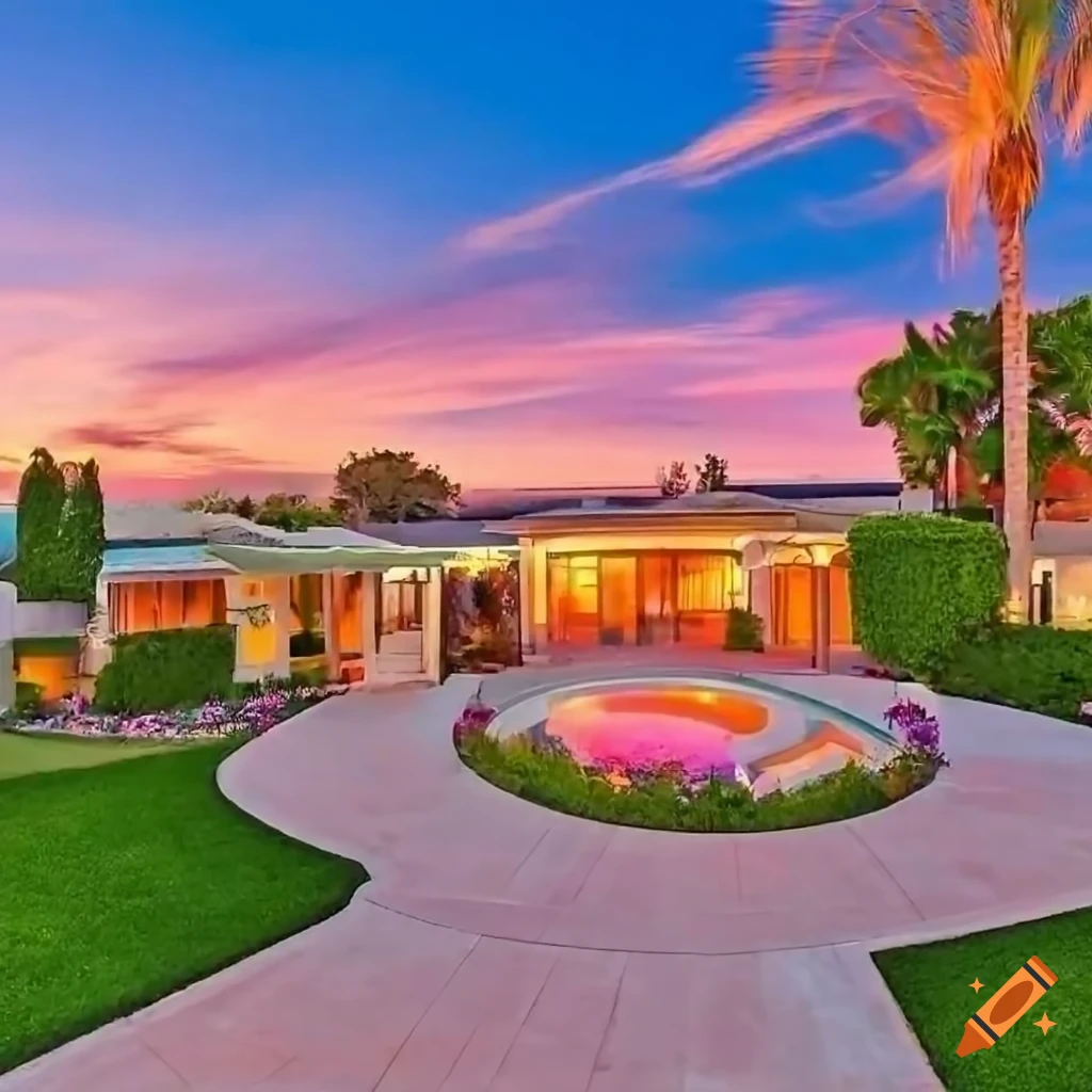 Breathtaking sunset view of a california mansion surrounded by palm ...