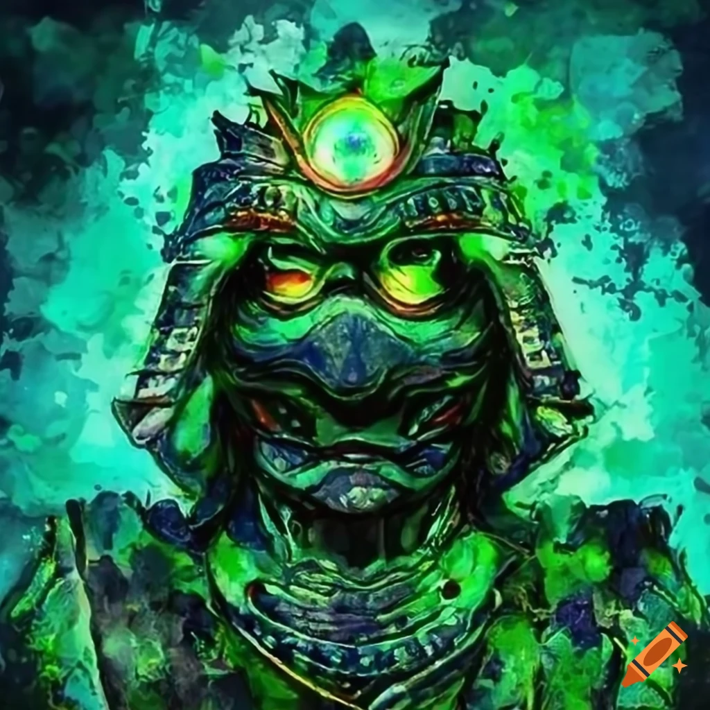 Neon green samurai with glowing green eyes on Craiyon