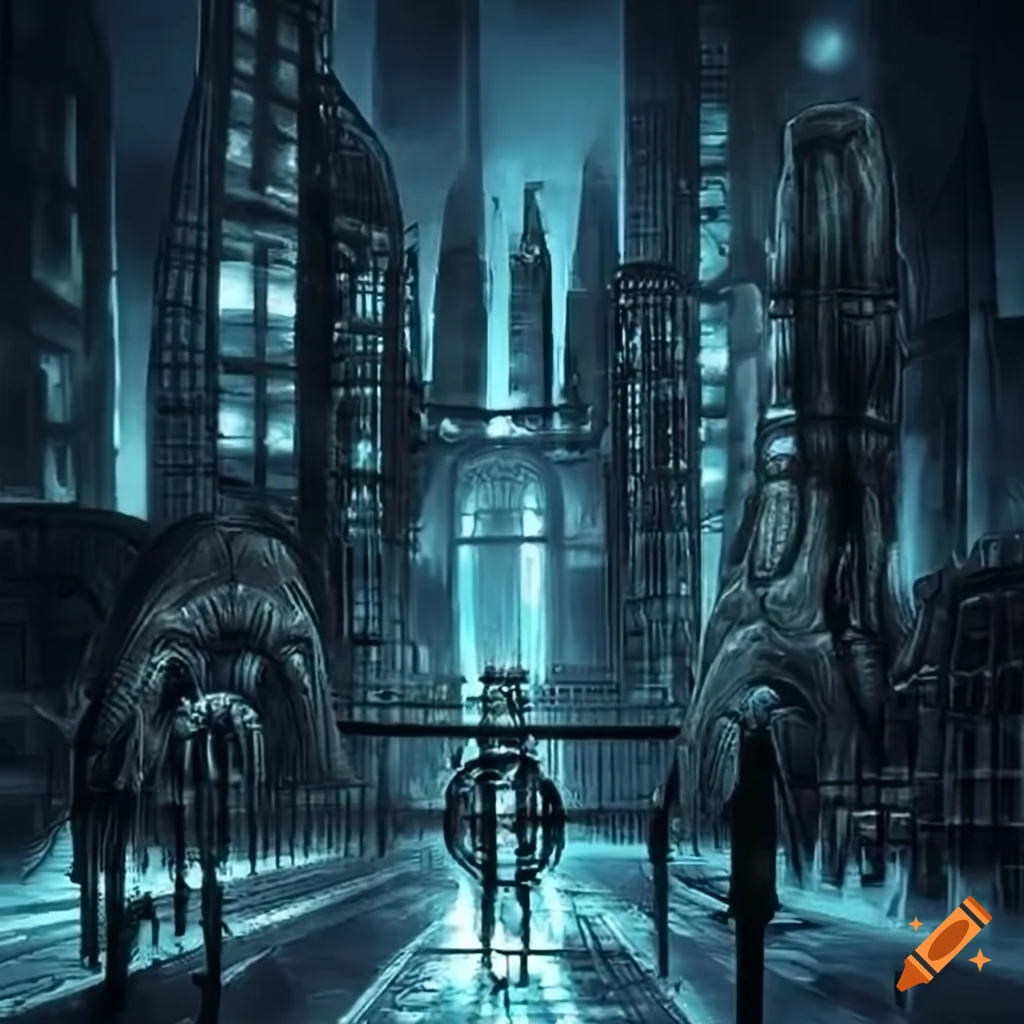 Dark futuristic cityscape inspired by giger on Craiyon