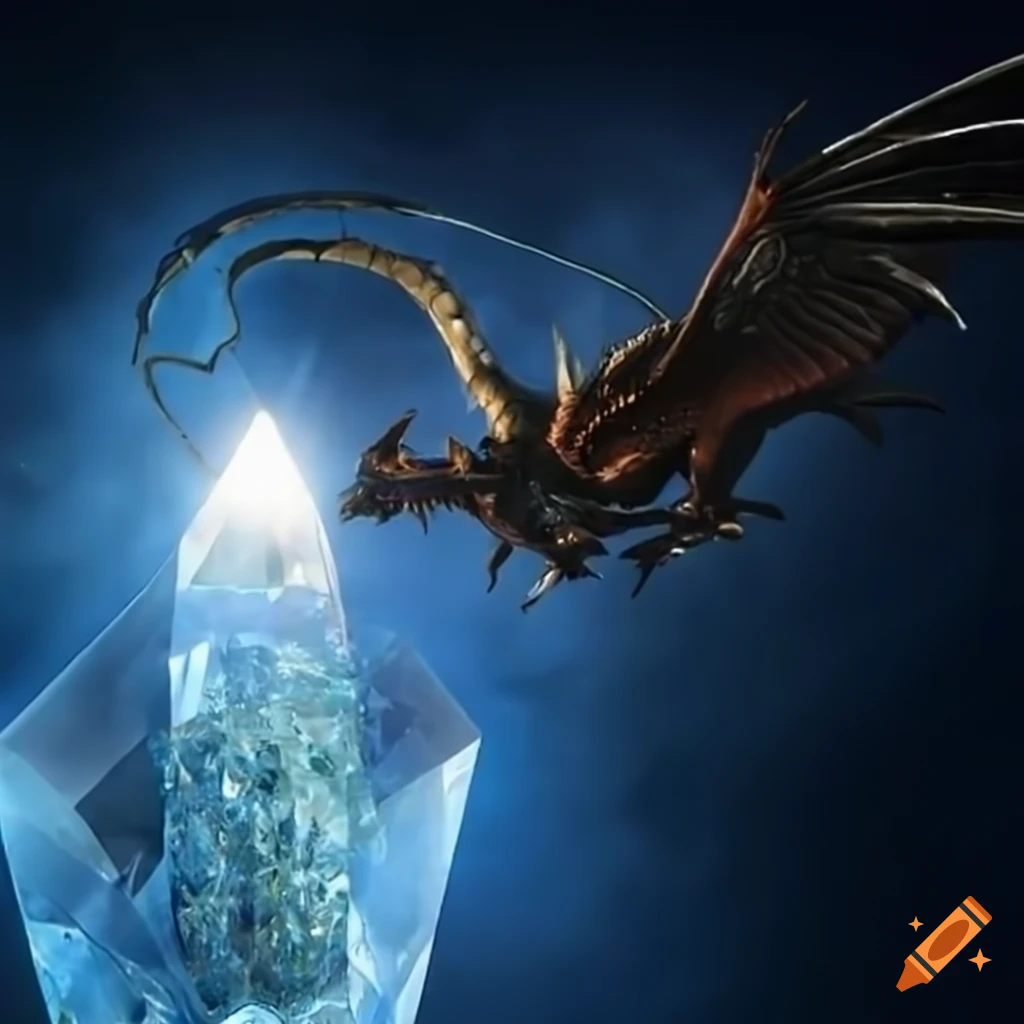 Fantasy illustration of a dragon flying over a crystal tower on Craiyon