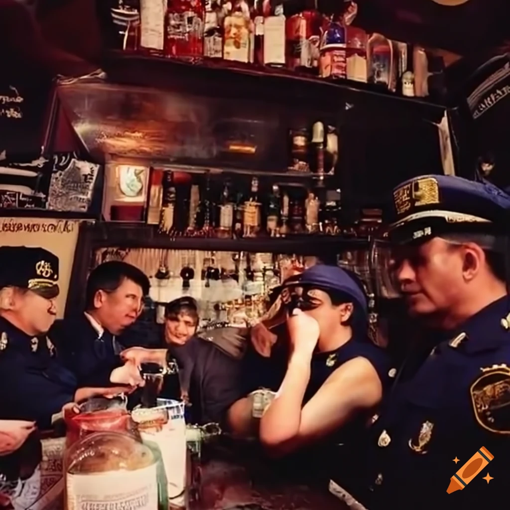 New York police officers enjoying drinks at a dive bar on Craiyon