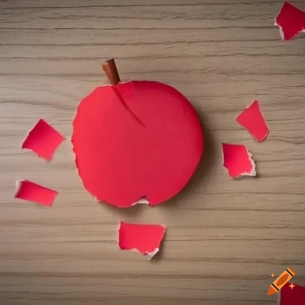 Artistic composition of a red paper apple on a wooden tabletop on Craiyon