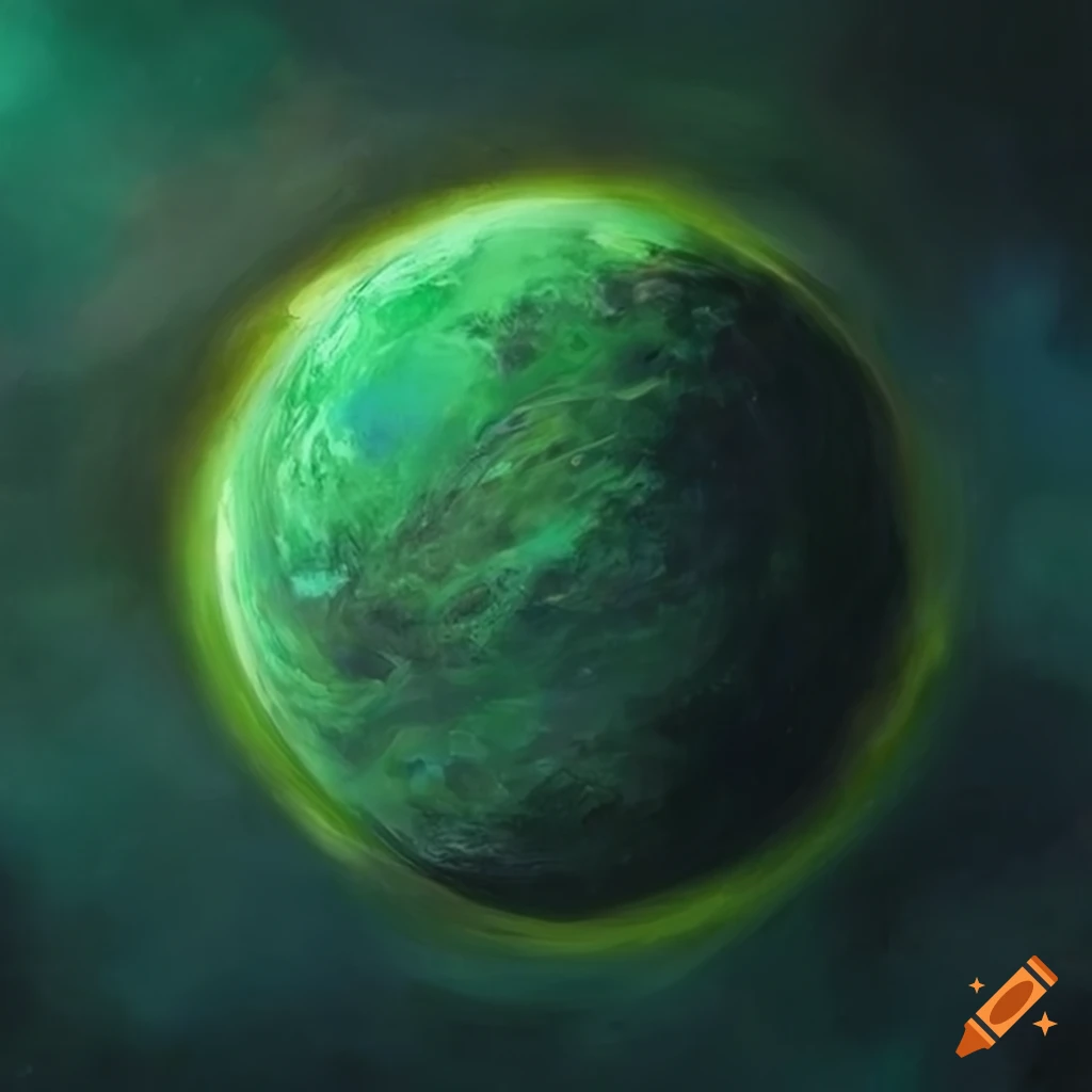 Artwork of a dark green planet in a starry background on Craiyon