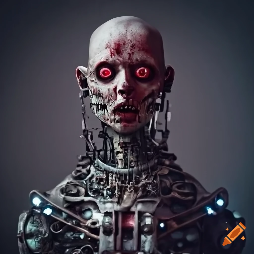Image of a creepy cybernetic zombie with mechanical parts and a red eye