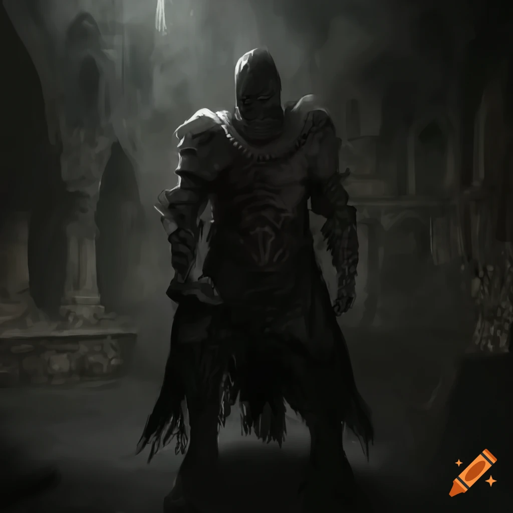 Detailed illustration of a death knight in a dark dungeon