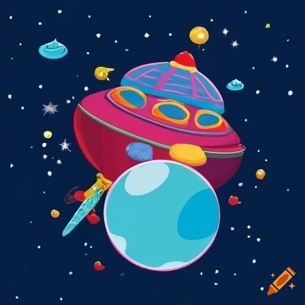 Cartoon illustration of an amusement park in space