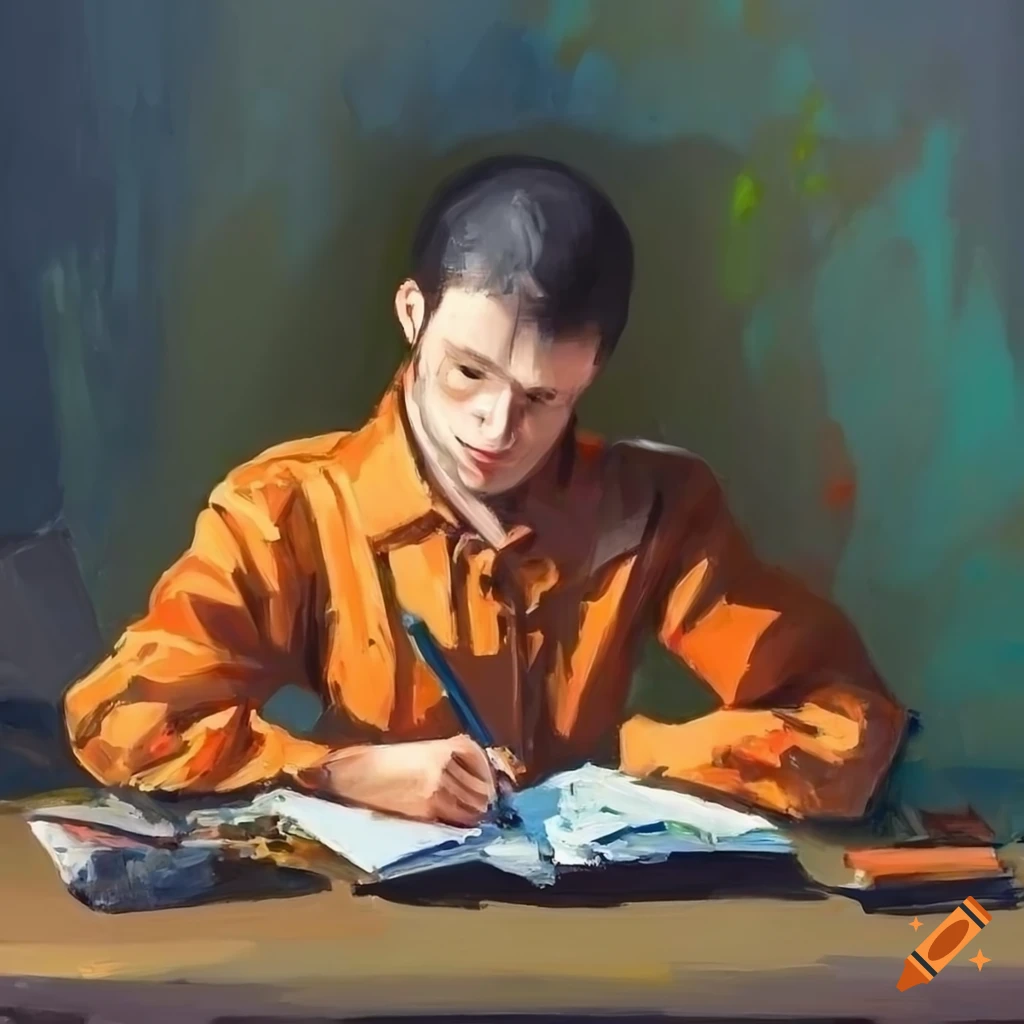 Knife palette painting of a man in orange jail suit writing at a desk ...