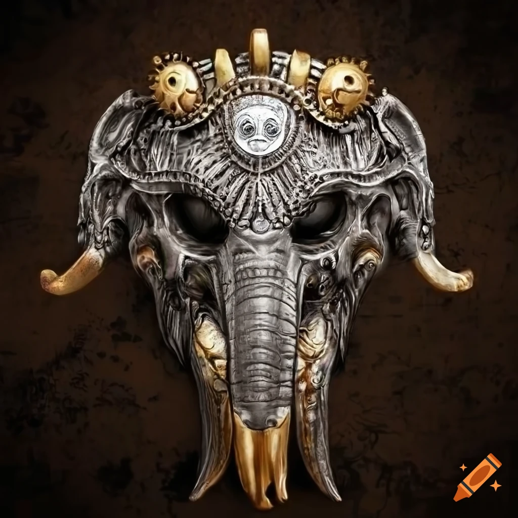 Chrome biomechanical elephant death mask on textured background on Craiyon