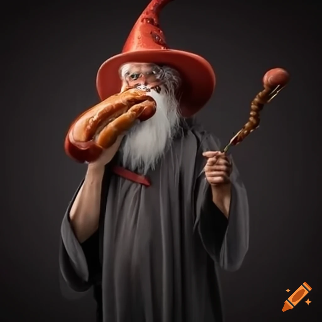 Comical wizard with hot dog wand on Craiyon
