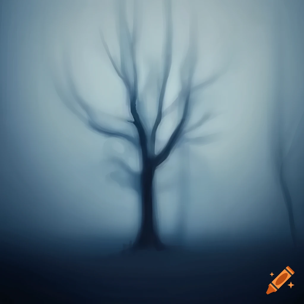 Eerie painting of foggy trees in a plain on Craiyon