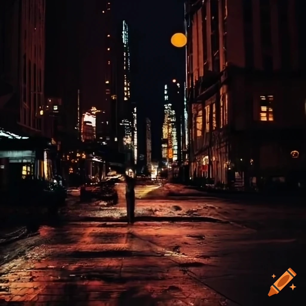 Noir rooftop view of new york city streets at night on Craiyon