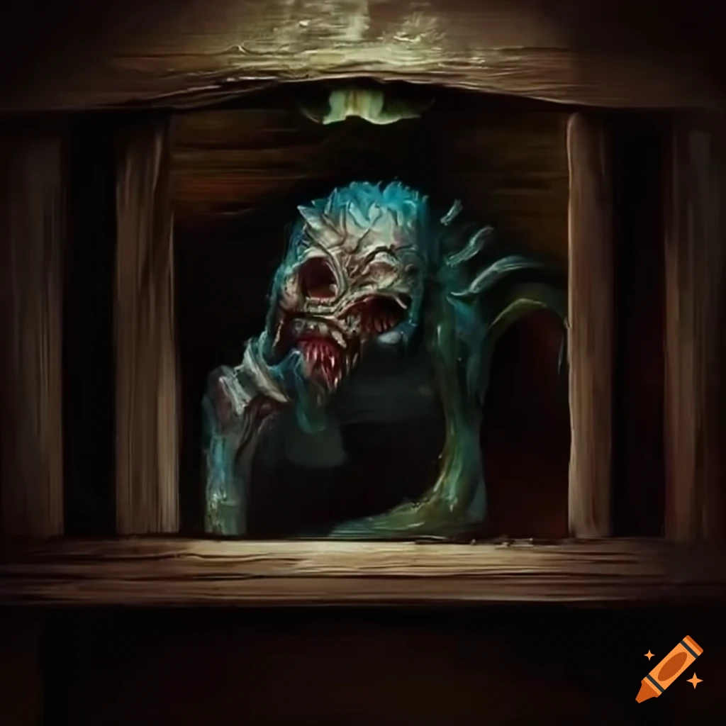 Sinister demonic creature crawling through a cabin window on Craiyon