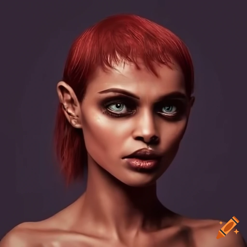 Artistic depiction of a maroon-haired alien woman with unique features ...