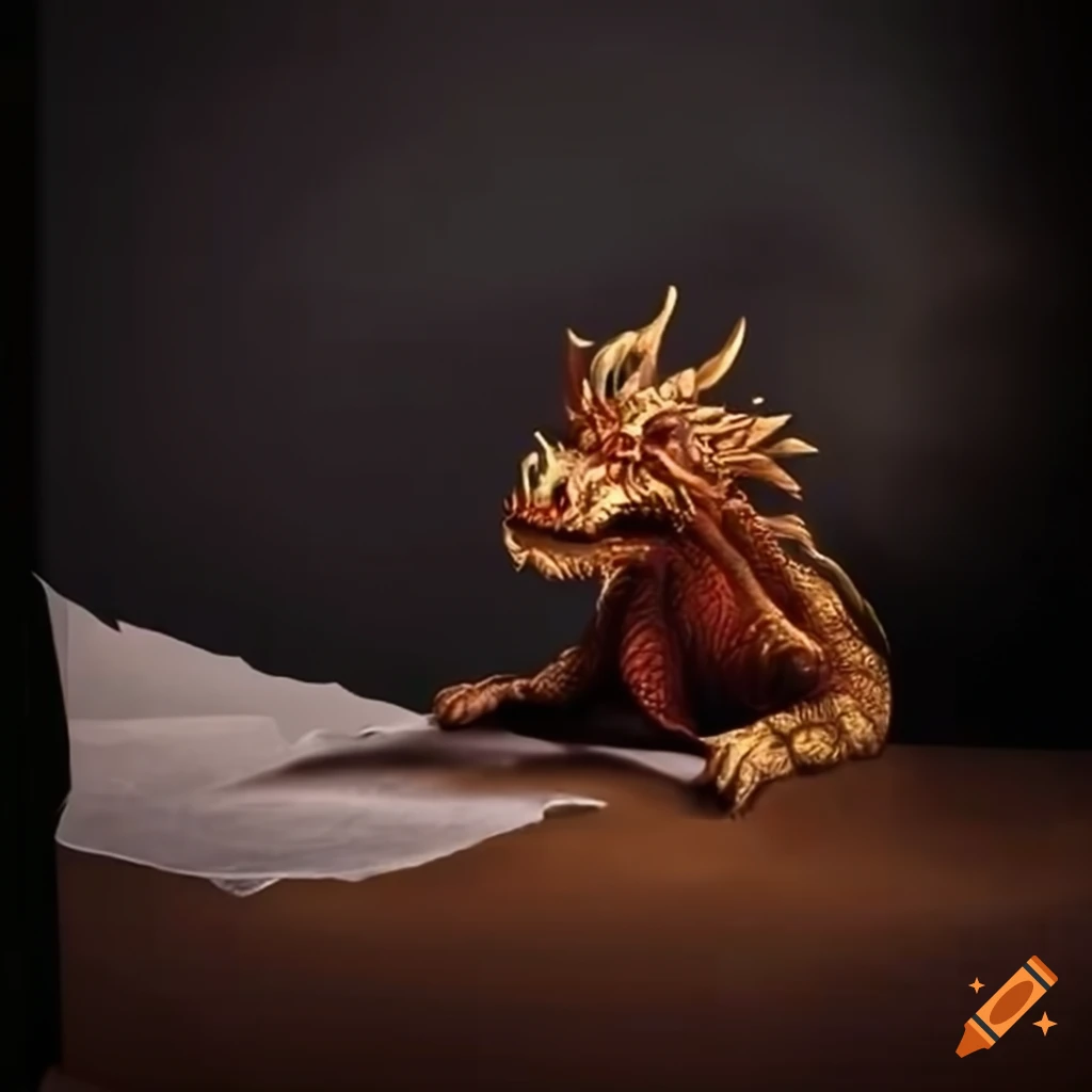 Dragon holding ruler and pencil on paper background