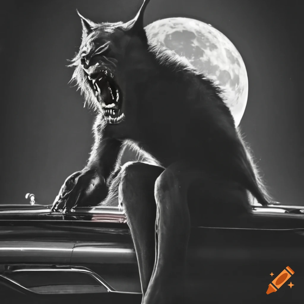 Image of a sad werewolf with a 1960 black impala on Craiyon