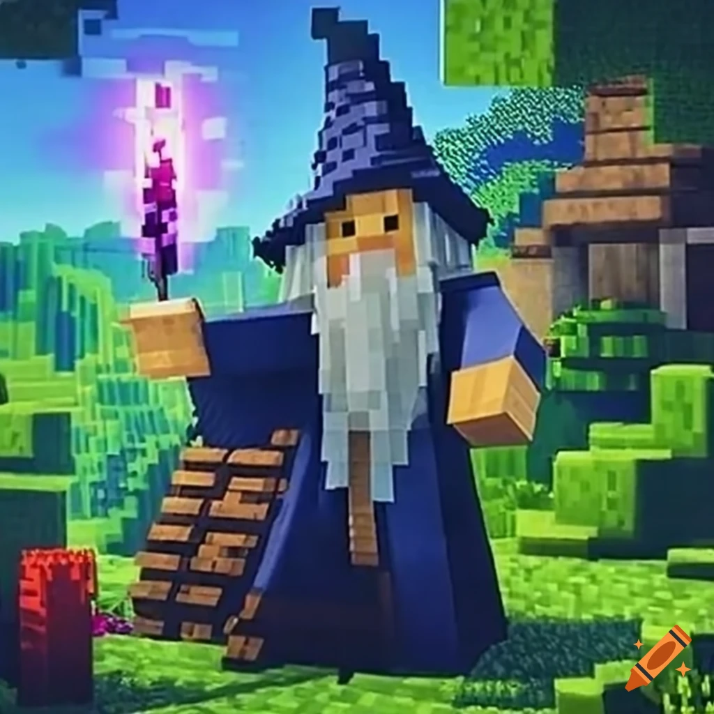 Gandalf casting a spell in a hobbit house in Minecraft on Craiyon