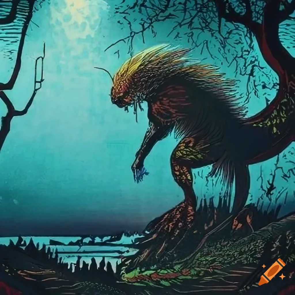 Colorful pen and ink landscape with mythical creatures on Craiyon