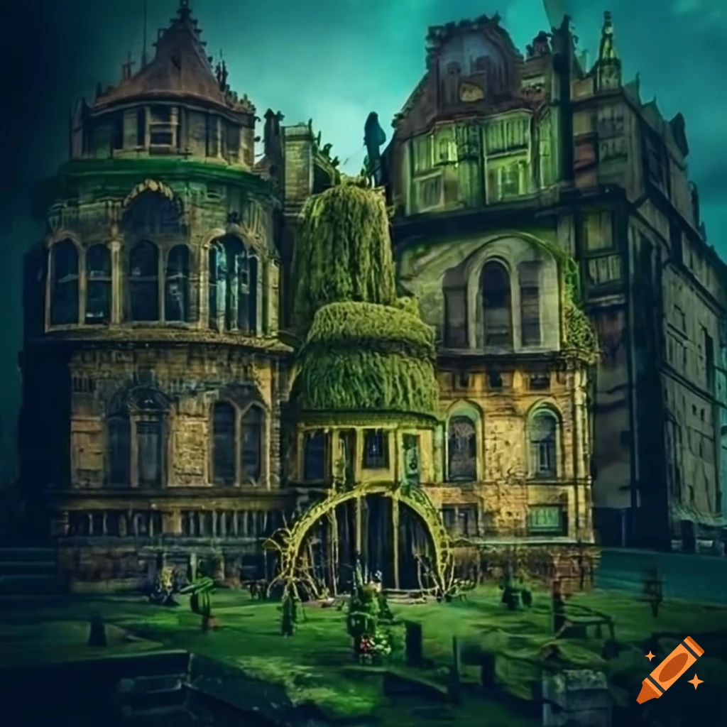 Steampunk city with moss-covered tree-building on Craiyon