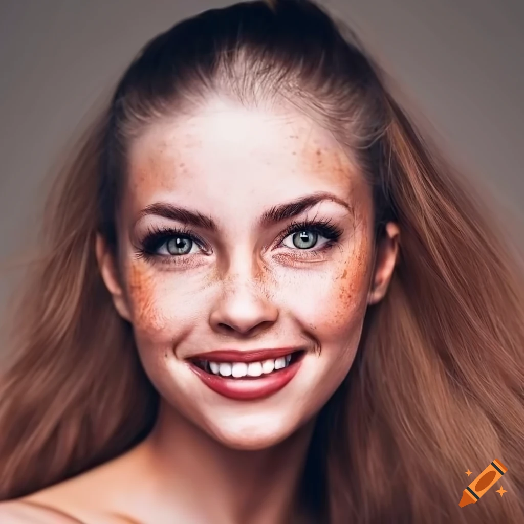 Portrait of a beautiful smiling woman with freckles on Craiyon