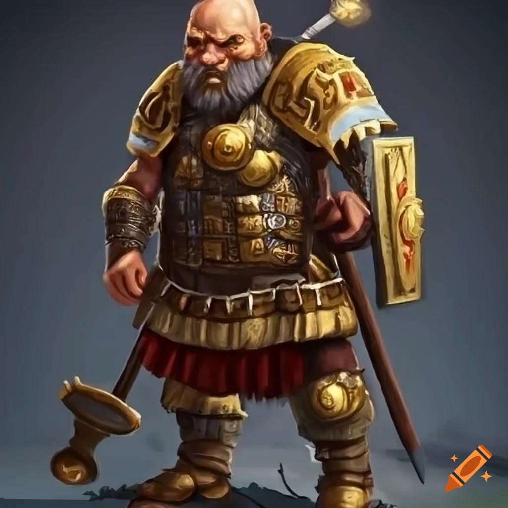 Cosplay of a proud dwarf warrior in roman armor on Craiyon