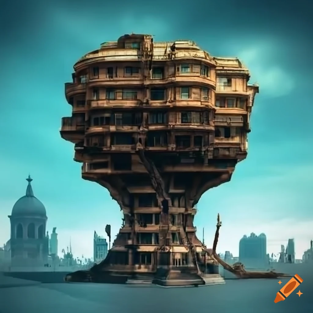 Steampunk city square with a unique tree-building structure on Craiyon