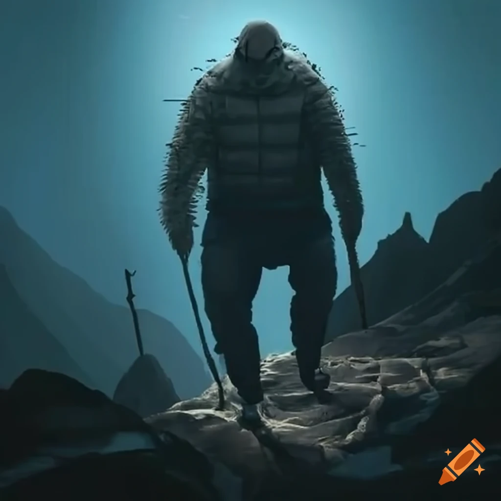 Image of a giant walking across the mountains