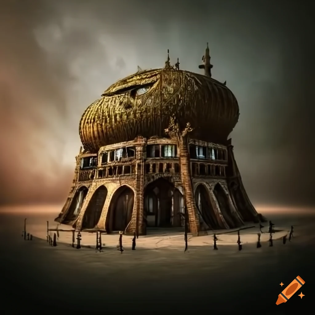 Steampunk city square with a unique tree-building structure on Craiyon