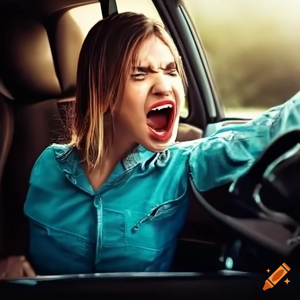 Humorous scene of a woman humming while driving on Craiyon