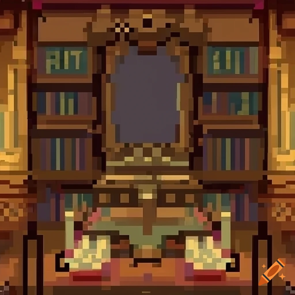 Pixel art of a fantasy library