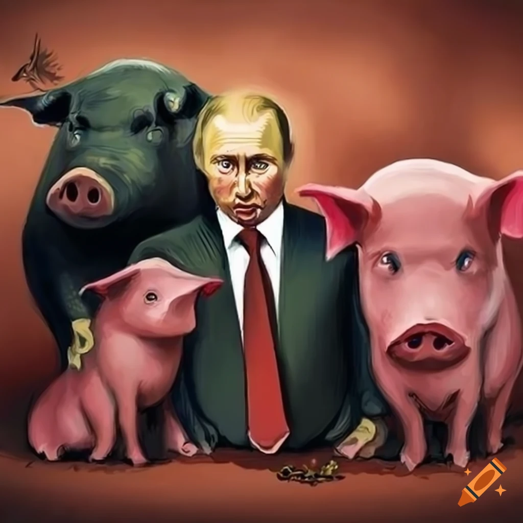 Humorous illustration of Putin surrounded by pigs on Craiyon