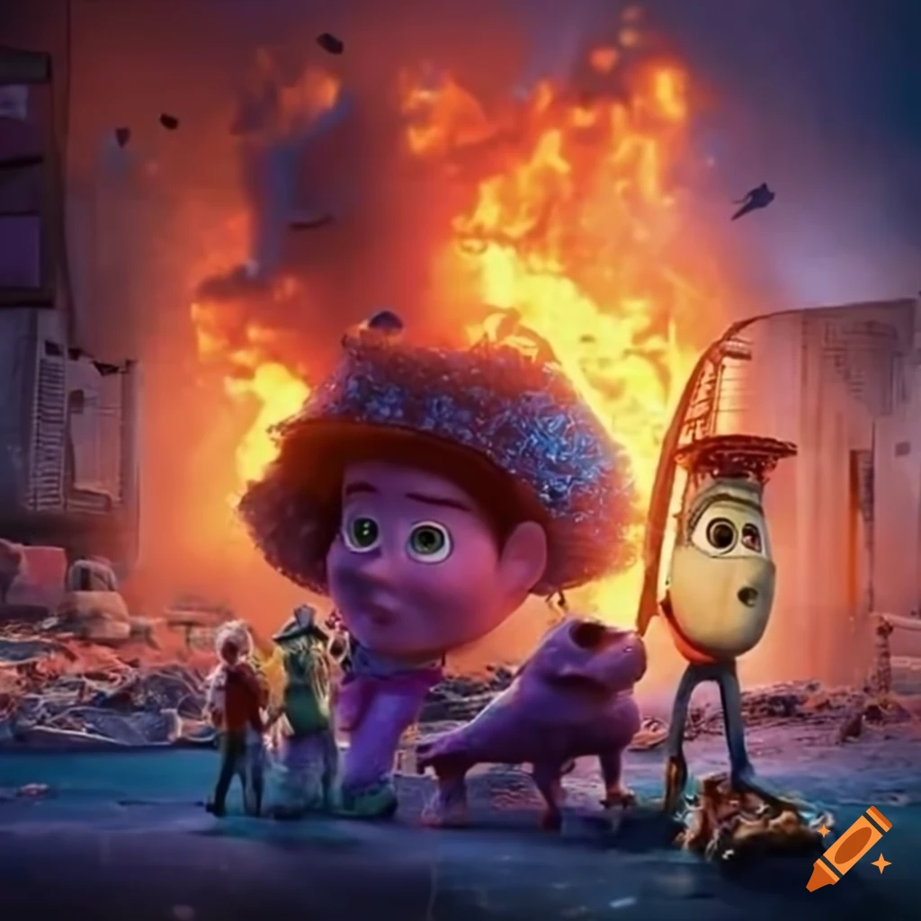 Movie poster of an explosive scene in Pixar's new film on Craiyon