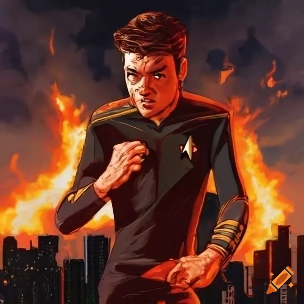 Comic book style art of Richard Madden jumping from a burning ...