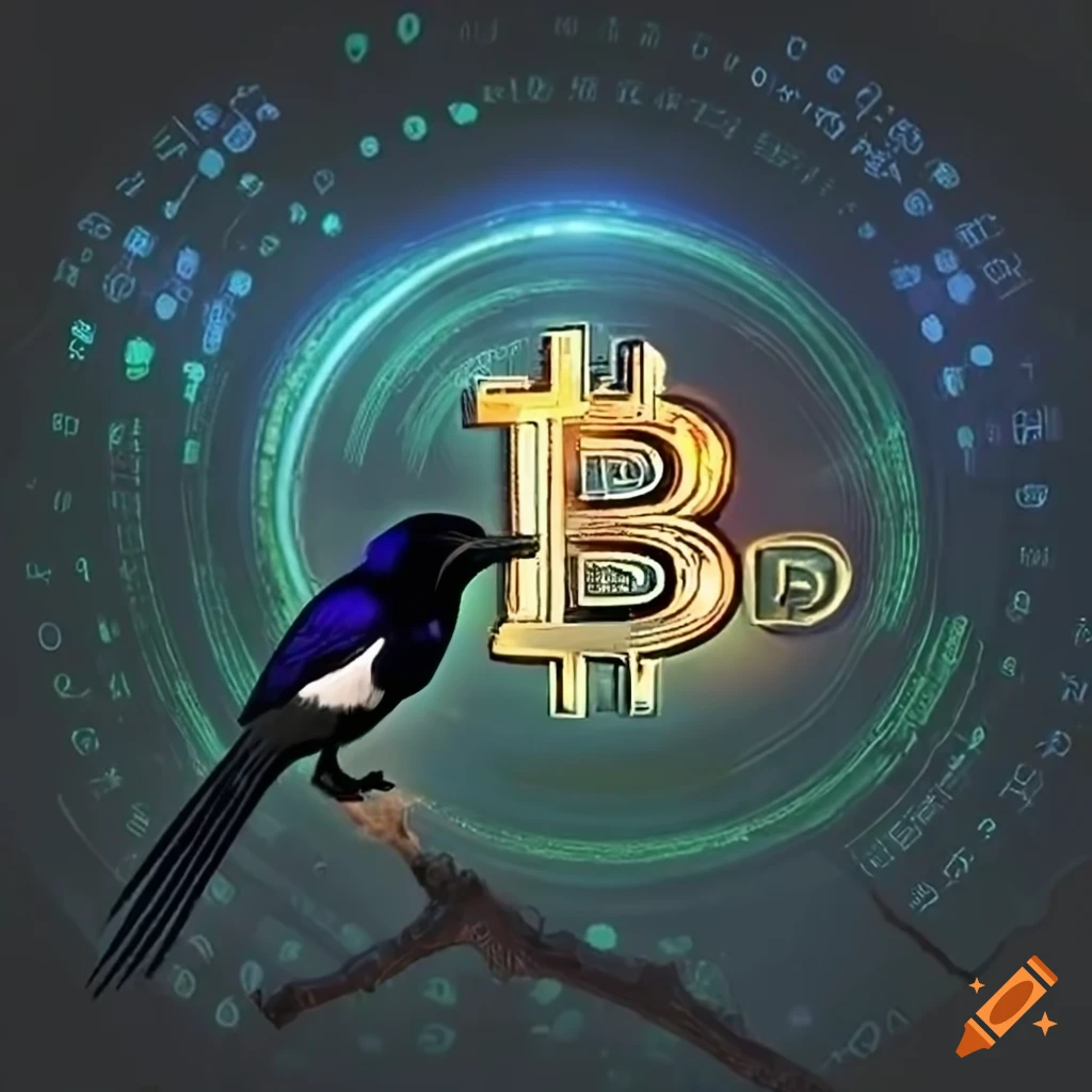 Digital artwork of a mischievous magpie on Bitcoin symbol on Craiyon
