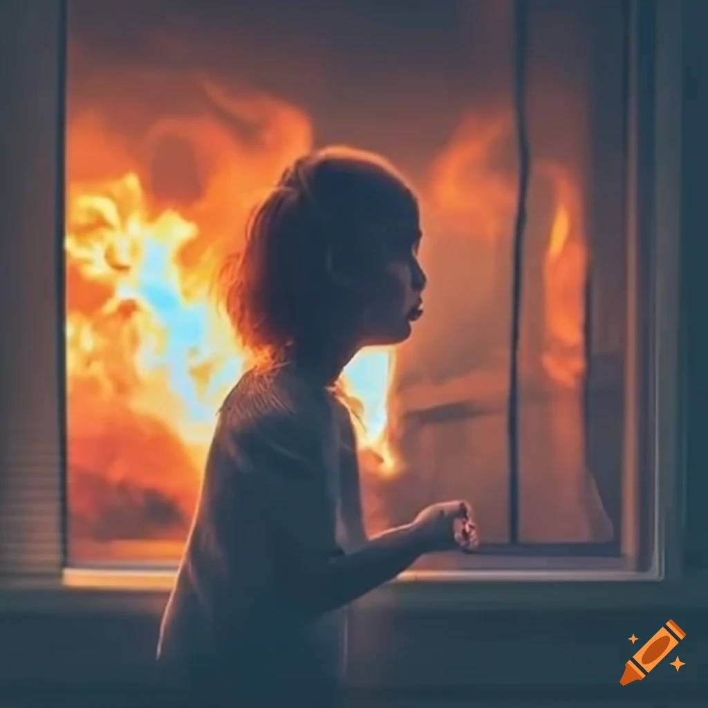 People looking out a window at a fire on Craiyon