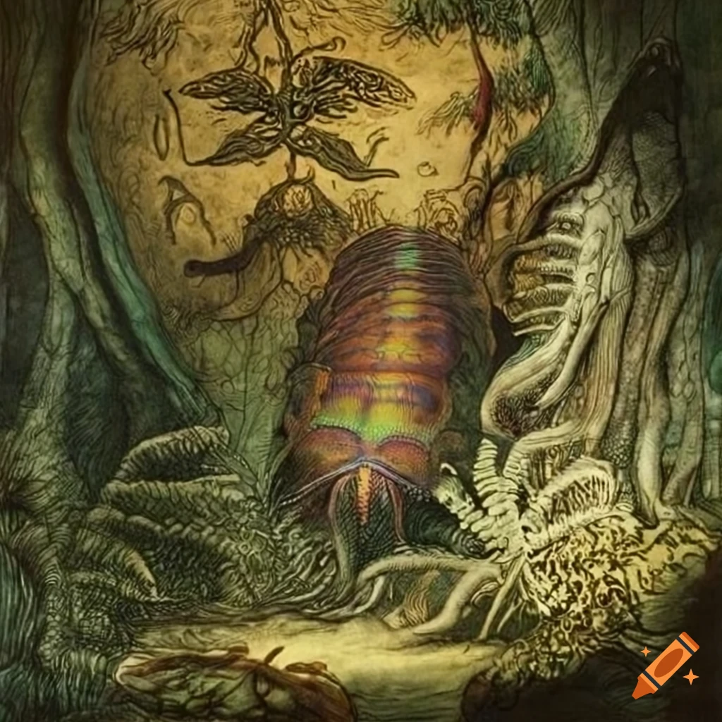 Image of iridescent arthropods in a carboniferous era swamp on Craiyon