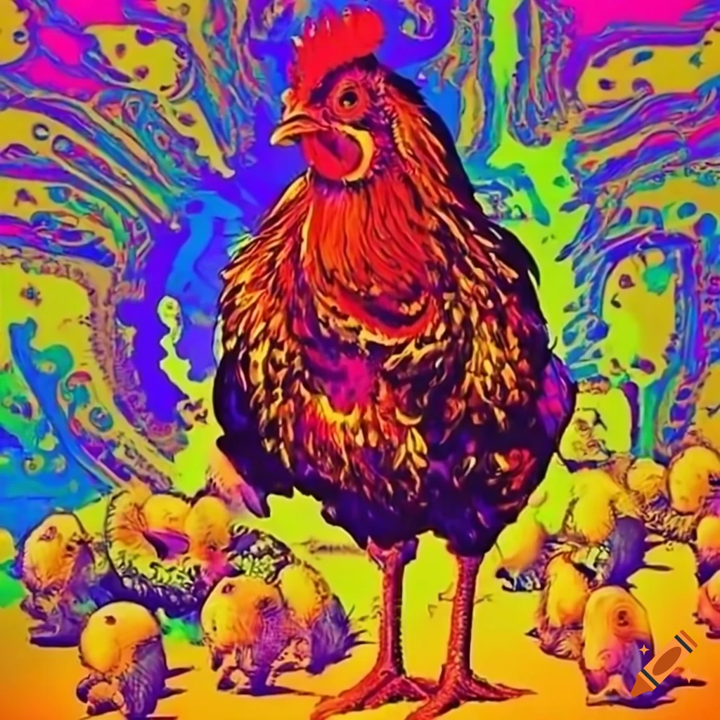 Colorful psychedelic scene with a chicken and chicks on Craiyon