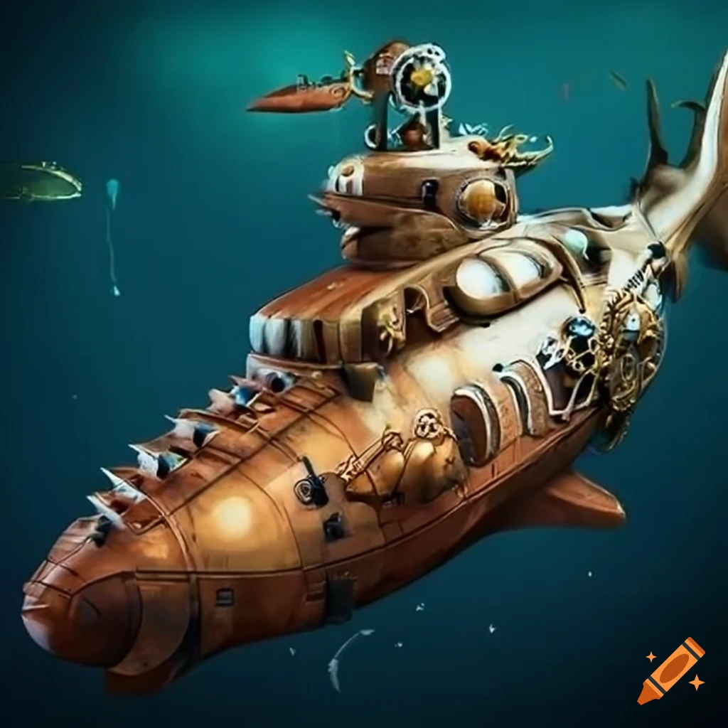 Pink subnautica submarine under attack by a leviathan on Craiyon